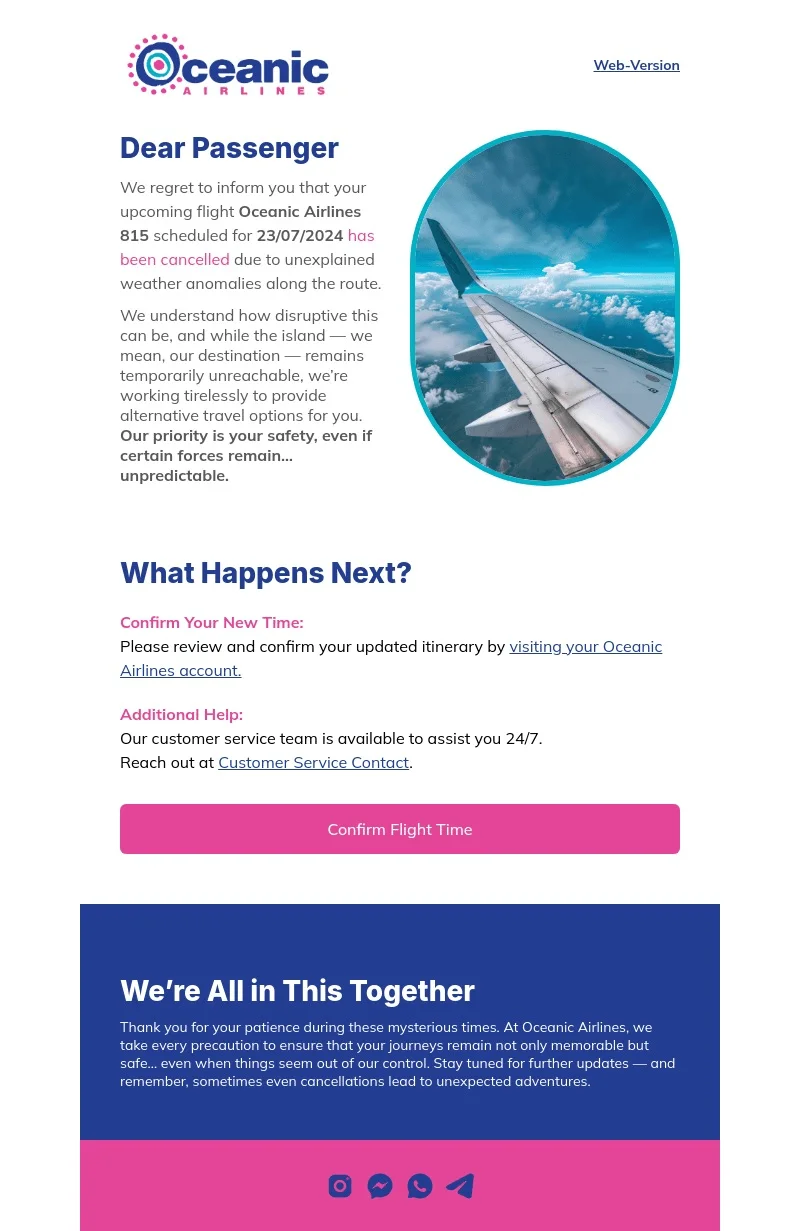 Oceanic Airlines Flight Cancellation Email Template For Travel Industry ...